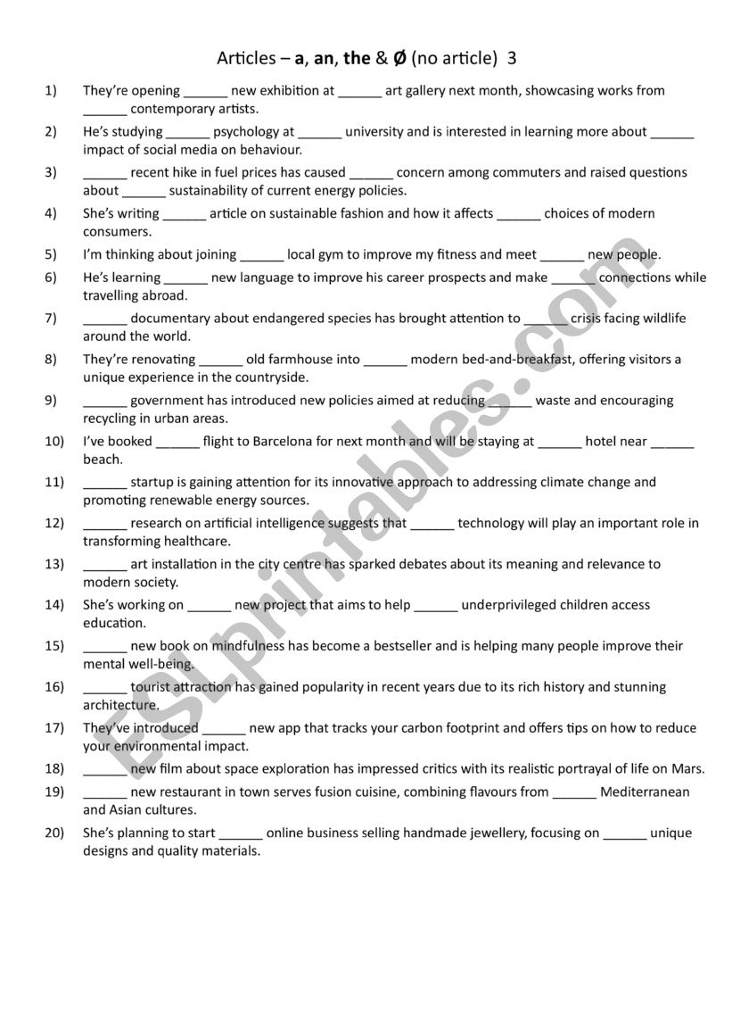 Articles – a, an, the & Ø (no article) 3 - ESL worksheet by ITFC2025