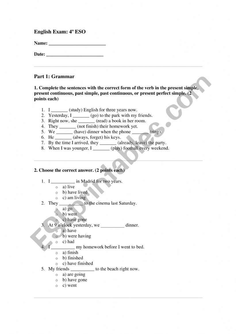 exam 4º eso Spain - ESL worksheet by cristafdez