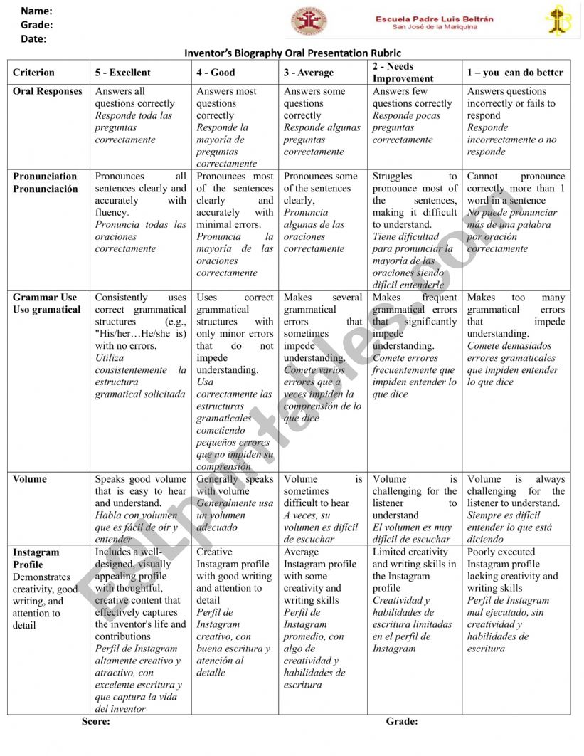 rubric 8vo - ESL worksheet by YarelaSandoval