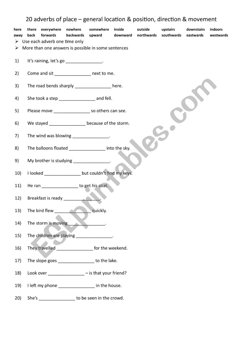 A2-B1 20 adverbs of place – general location & position, direction ...