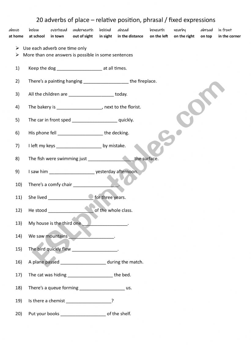 A2-B1 20 adverbs of place – relative position, phrasal fixed ...