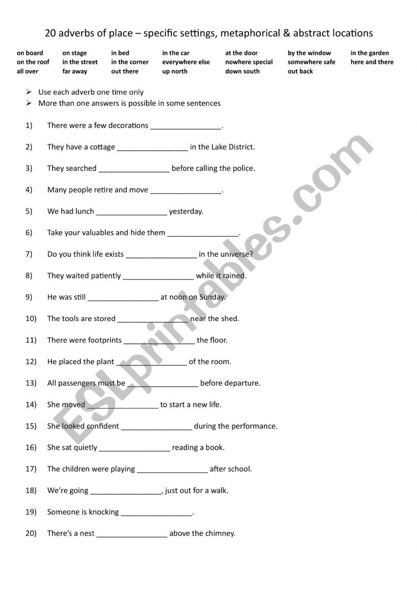 A2+ -B1 20 adverbs of place – specific settings, metaphorical ...
