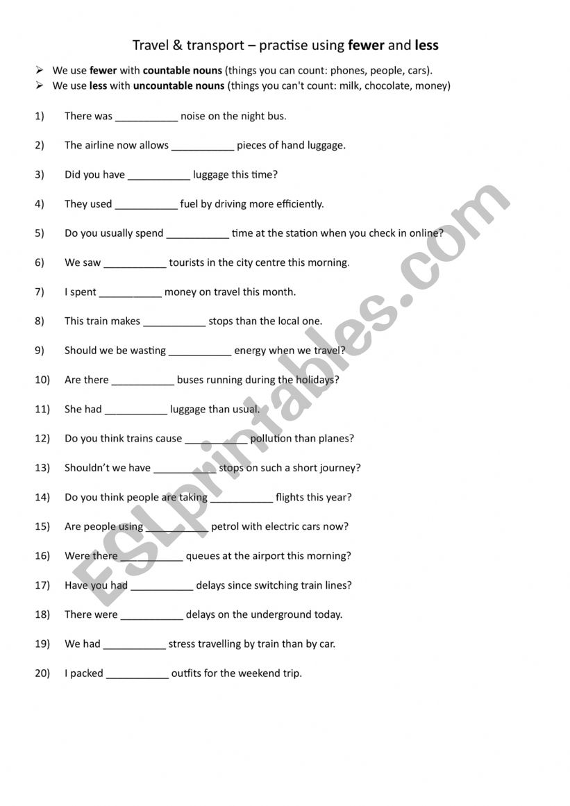 Travel & transport – practise using fewer and less - ESL worksheet by ...