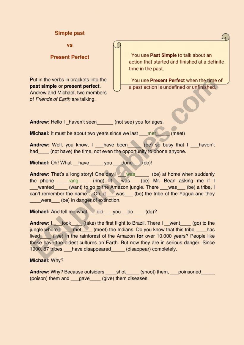 Simple past vs Present Perfect activity - ESL worksheet by joable44