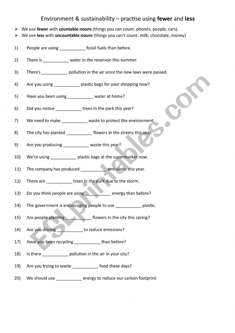 Health & fitness – practise using fewer and less - ESL worksheet by ...