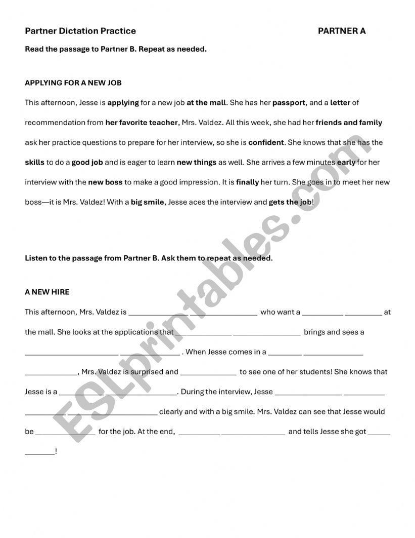 Partner Dictation A New Hire - ESL worksheet by ccotton