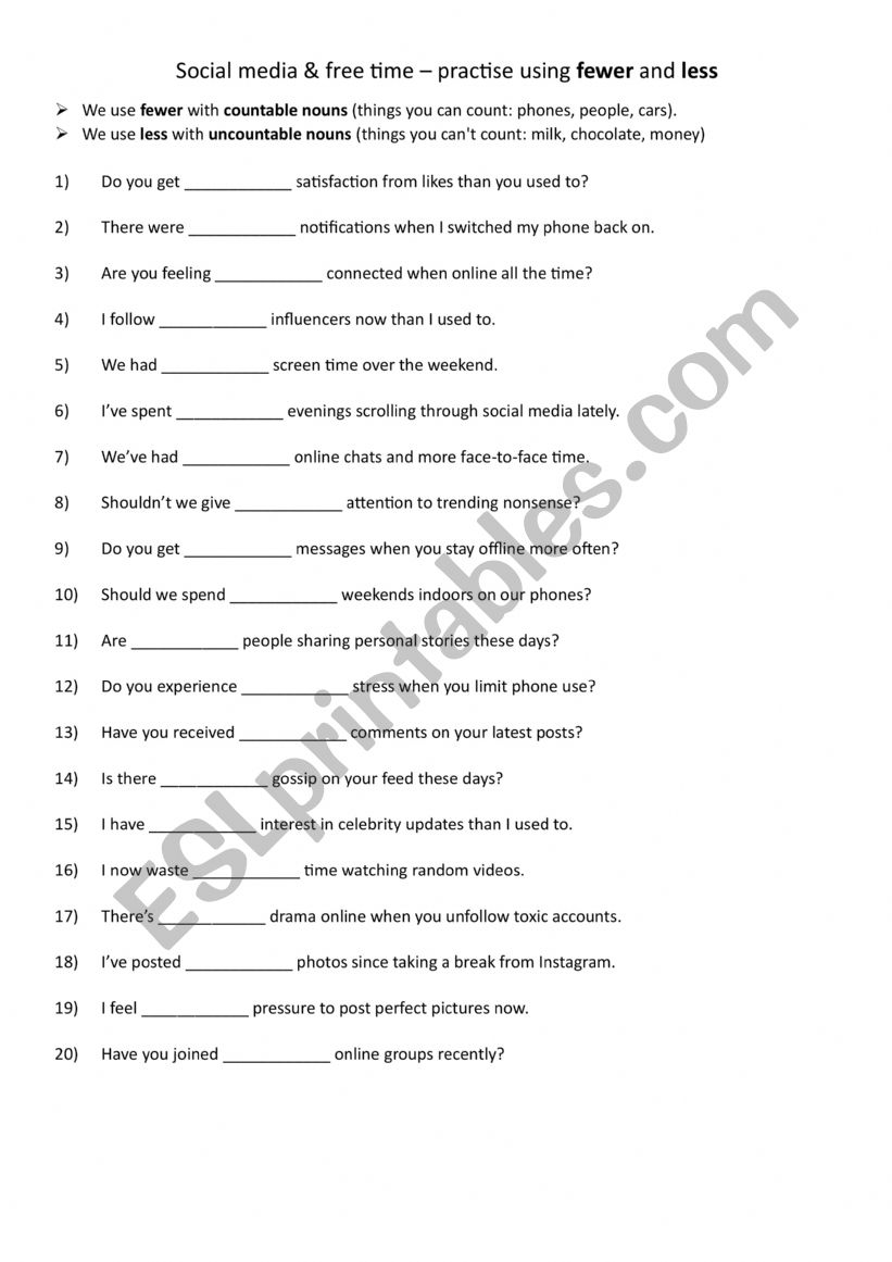 Social media & free time – practise using fewer and less - ESL ...