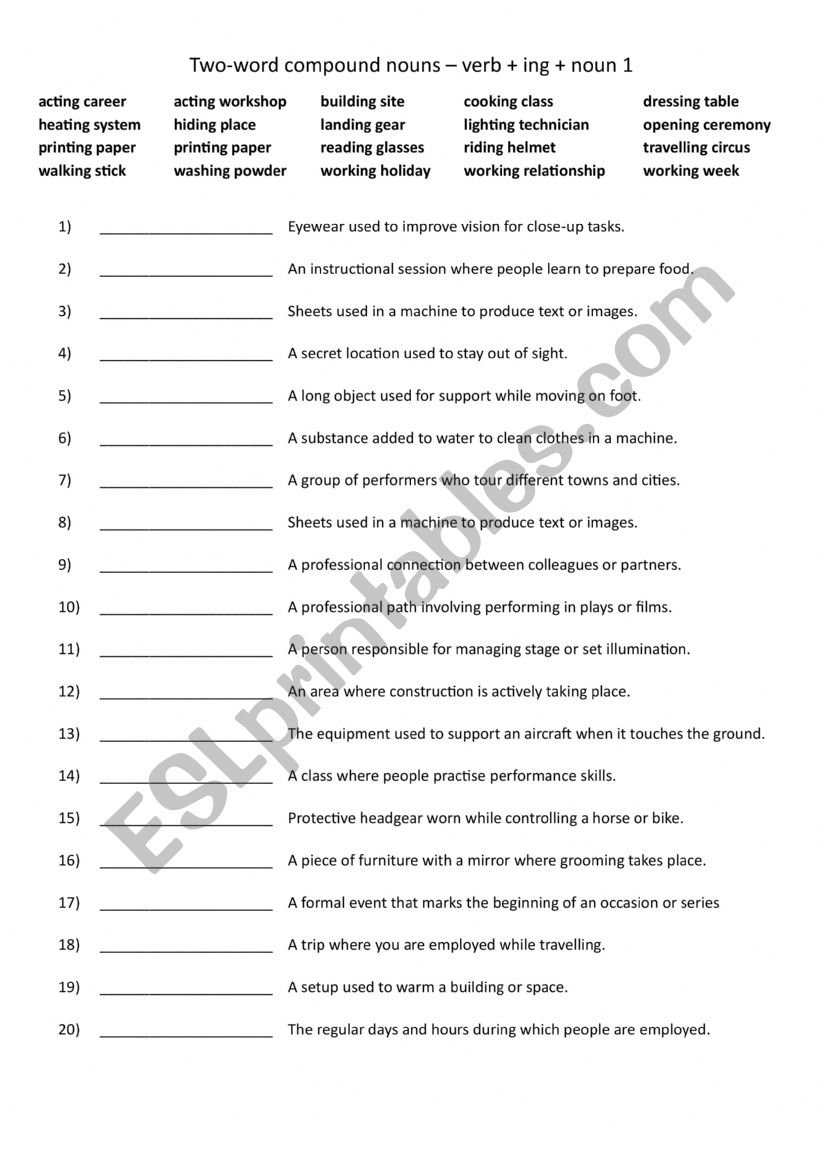 A1+-A2 Two-word compound nouns – verb + ing + noun 1 - ESL worksheet by ...