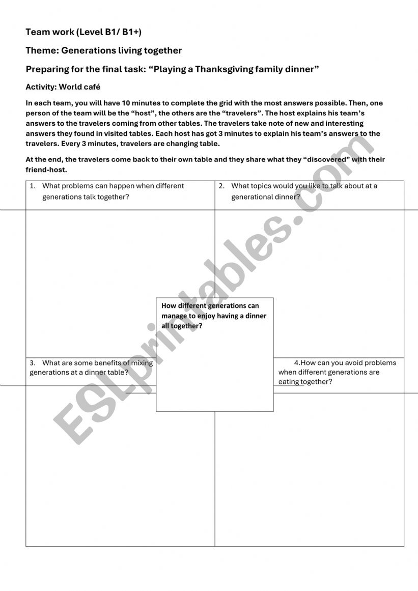 Team work / A World café activity : "Intergenerationnal dinner" - ESL ...