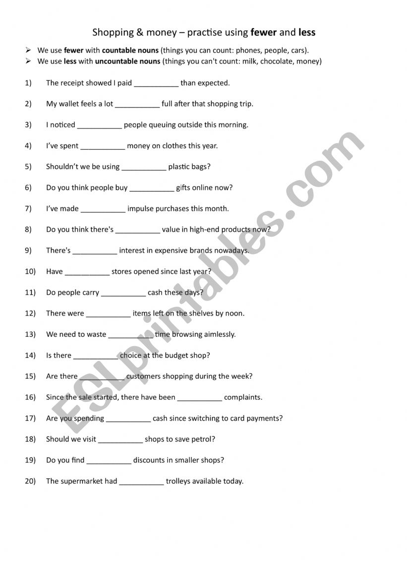Shopping & money – practise using fewer and less - ESL worksheet by ...