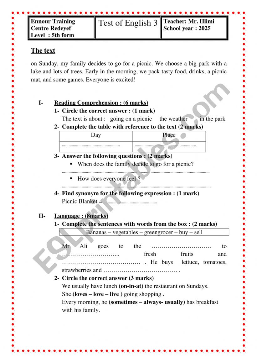5th form Test N° 3 - ESL worksheet by walidos1982