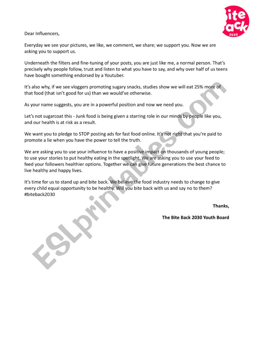 English worksheets: bITE BACK OPEN LETTER