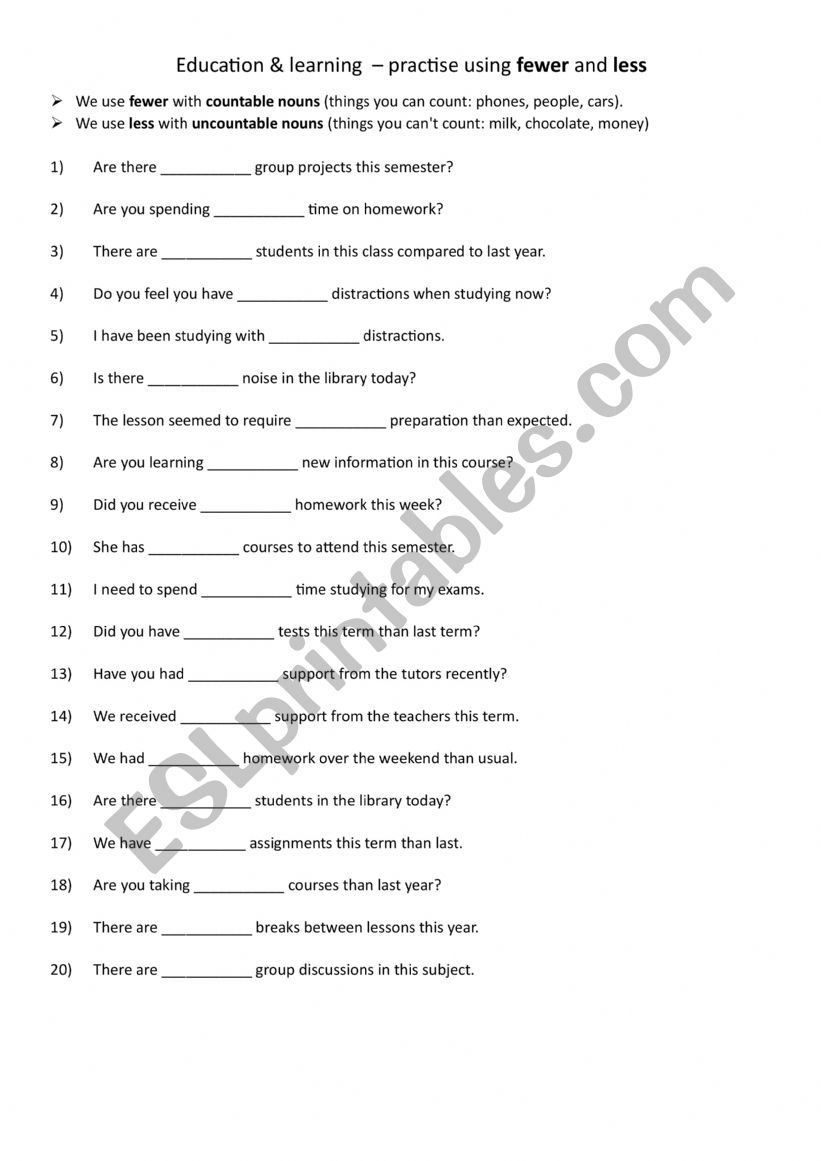 Education & learning – practise using fewer and less - ESL worksheet by ...