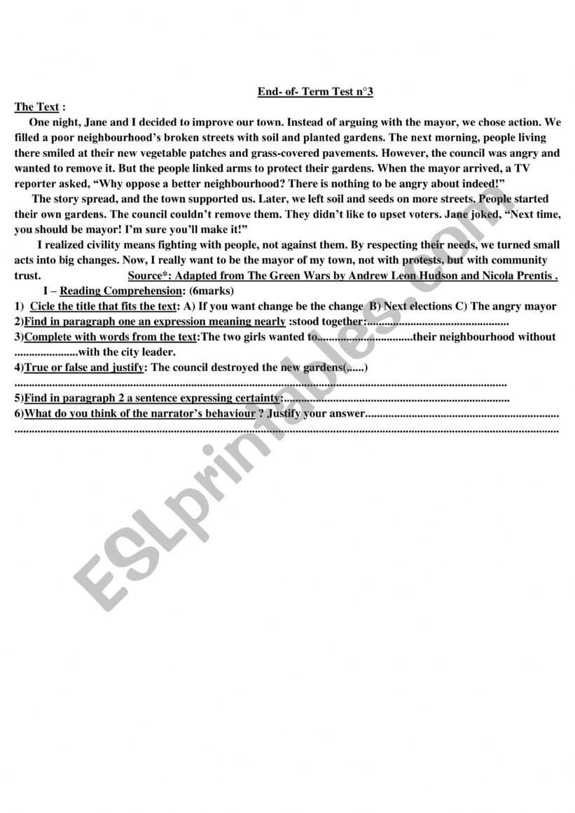 End of term test 3 9th grade - ESL worksheet by emnaguefrech