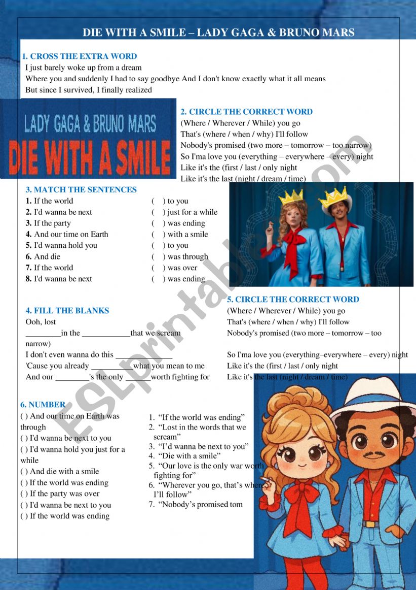 DIE WITH A SMILE – LADY GAGA & BRUNO MARS - ESL worksheet by Teacher ...
