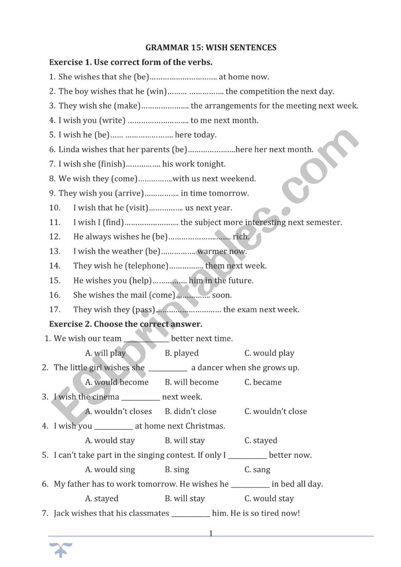 Wish sentence - ESL worksheet by ngadtb