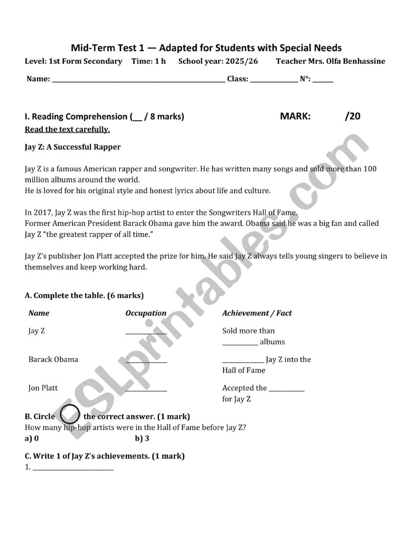 Mid-term test1 1st form Special needs - ESL worksheet by olfabh313