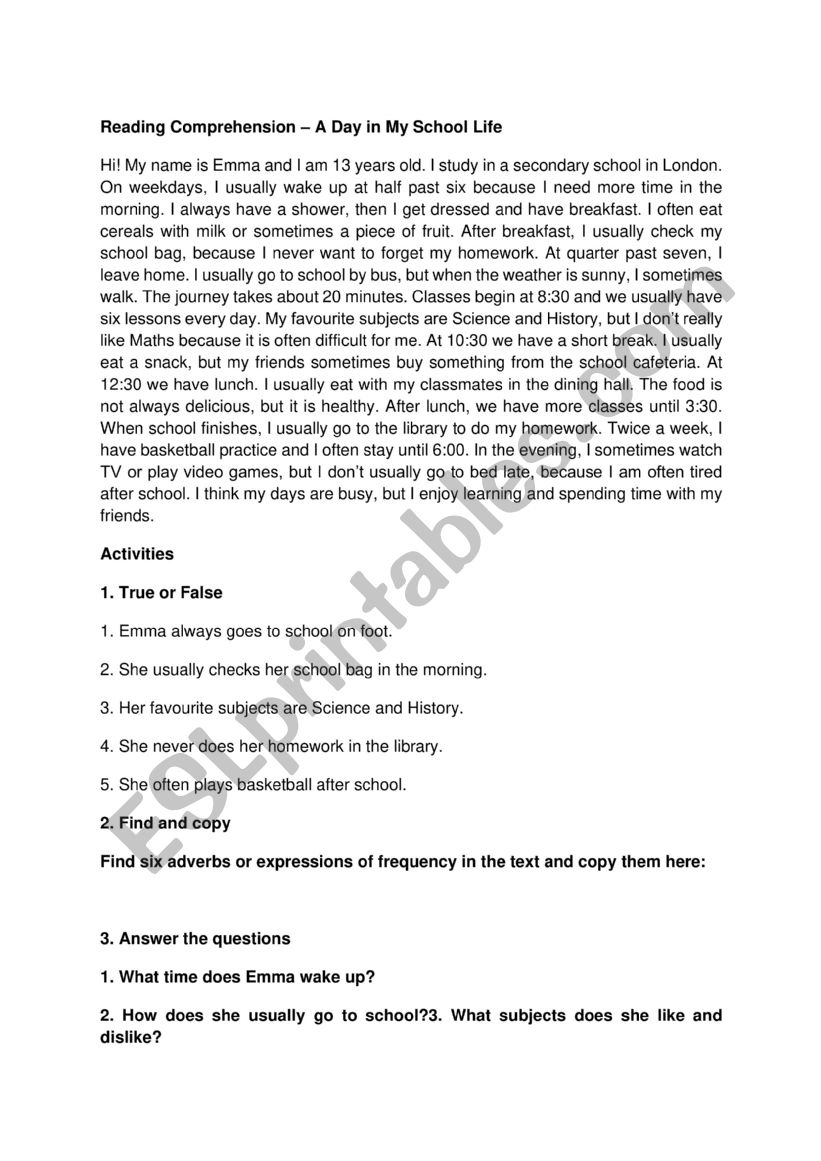A school day - ESL worksheet by beefeater