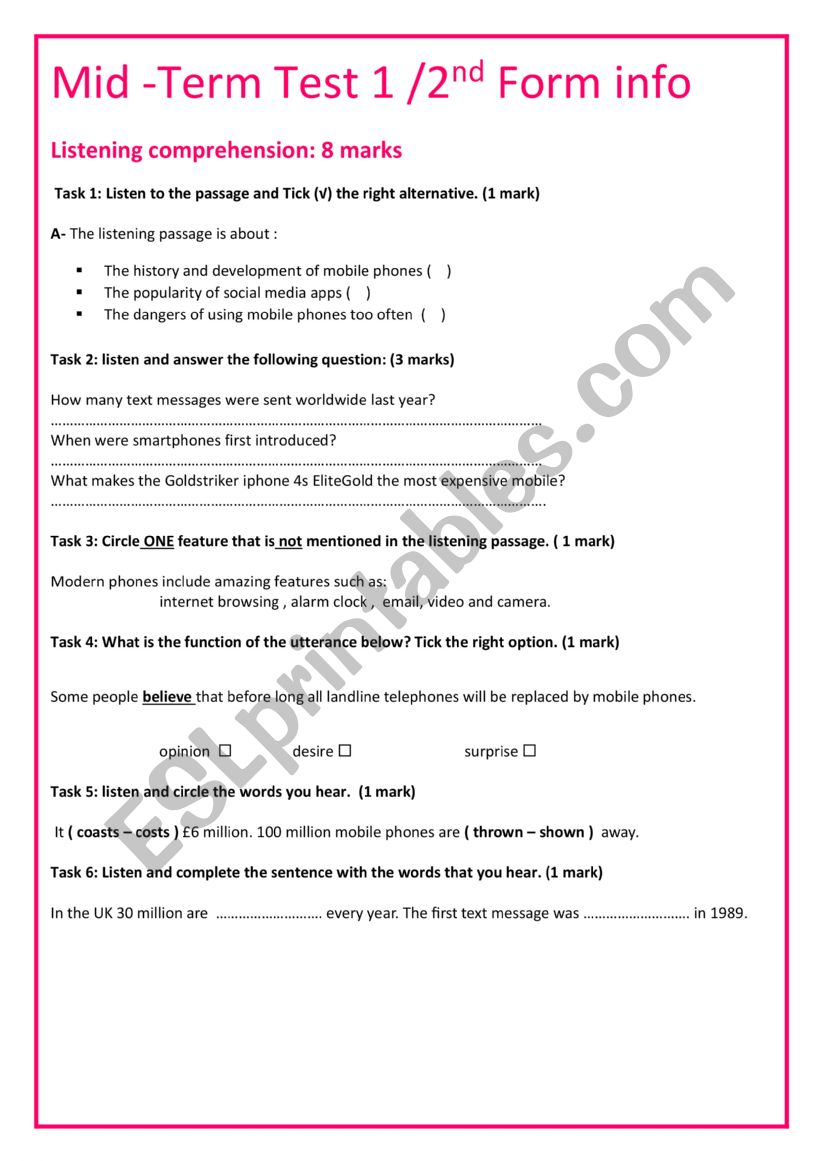 2nd Form Mid- Term Test 1- info - ESL worksheet by habibb