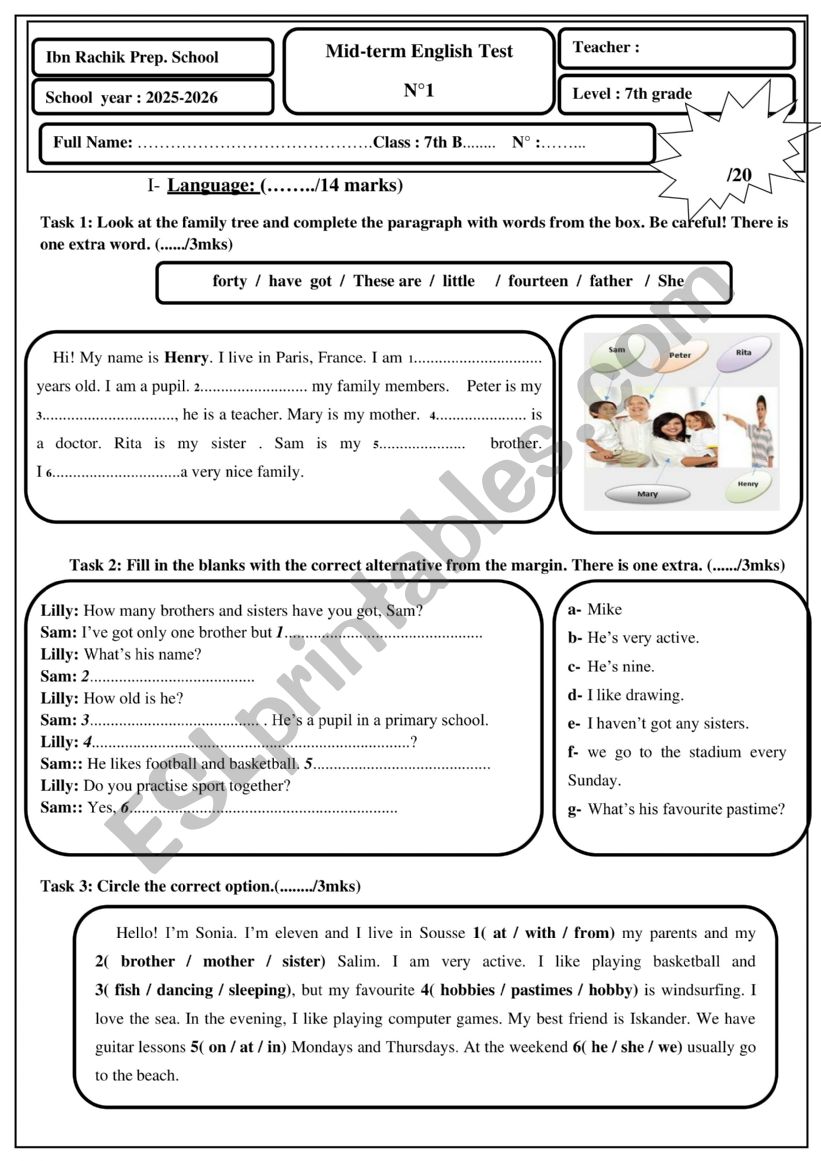 7th grade Mid-term Test NÂ° 1 - ESL worksheet by Dr Nouha