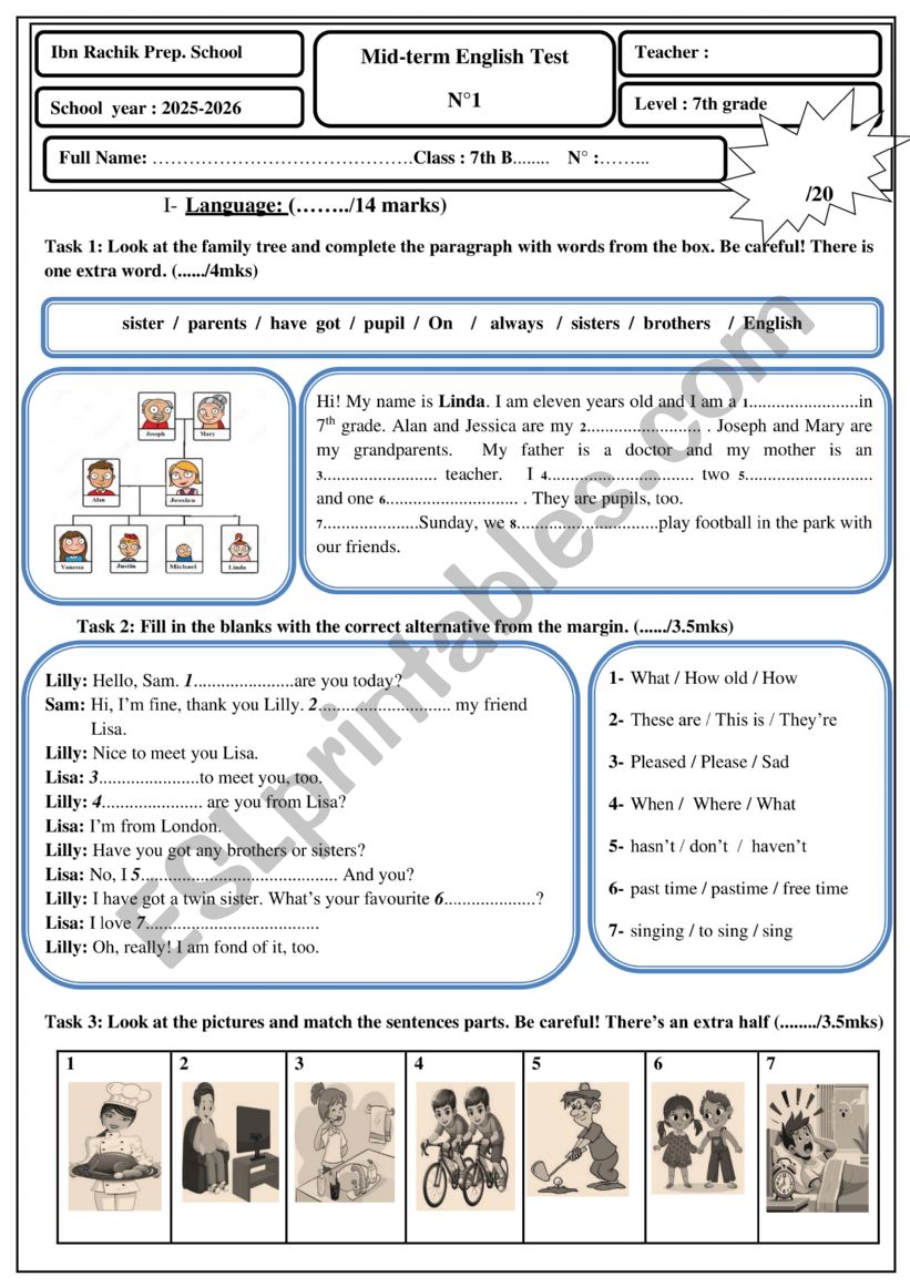 7th grade Mid-Term Test NÂ° 1 - ESL worksheet by Dr Nouha