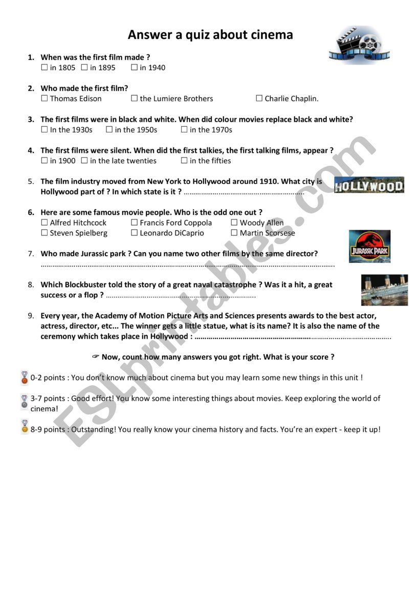 short quiz about cinema - ESL worksheet by aurelielel
