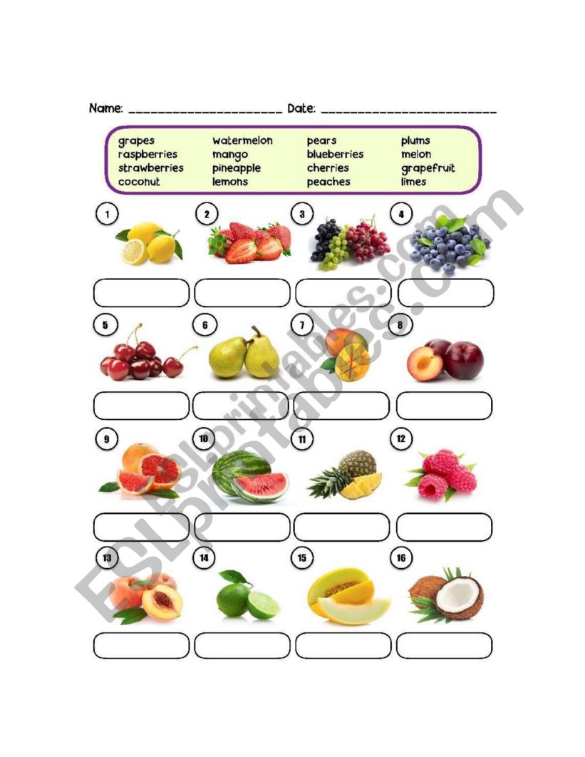 FRUITS WORKSHEET - ESL worksheet by JUAN ROMAN