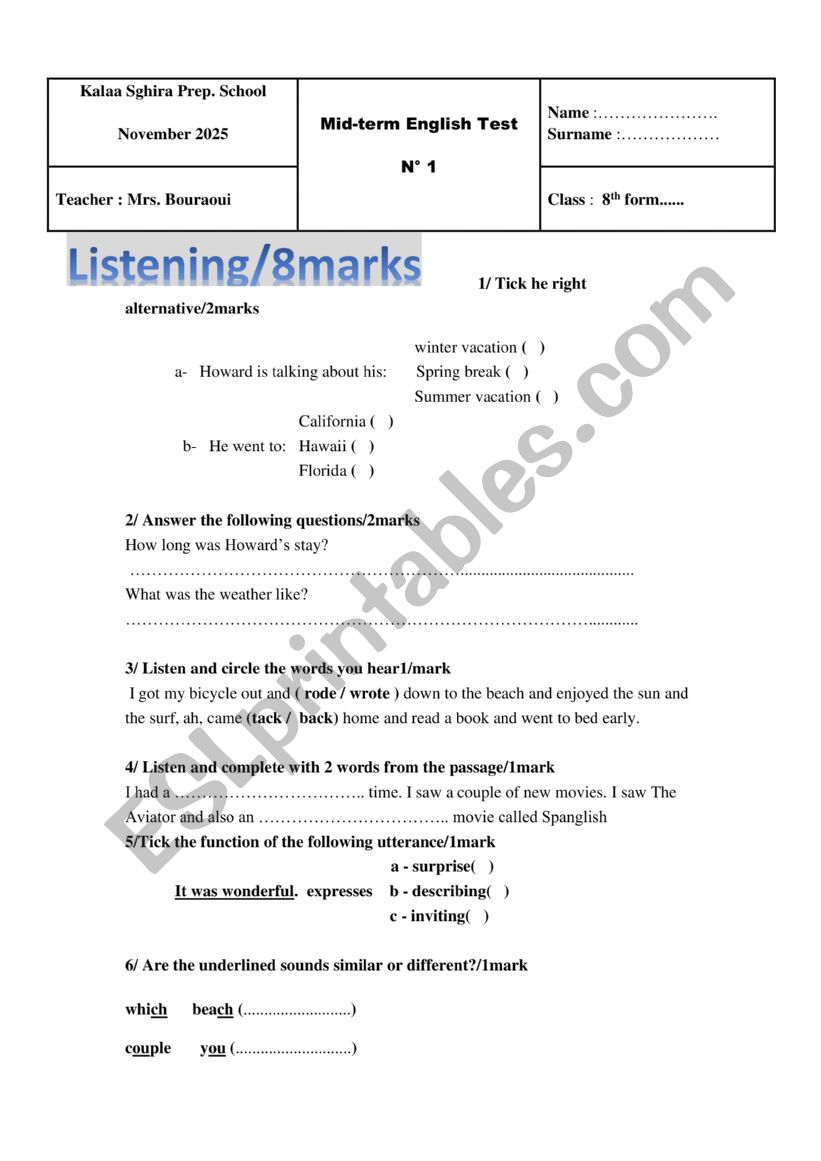 test 1 8th form - ESL worksheet by jdoe65