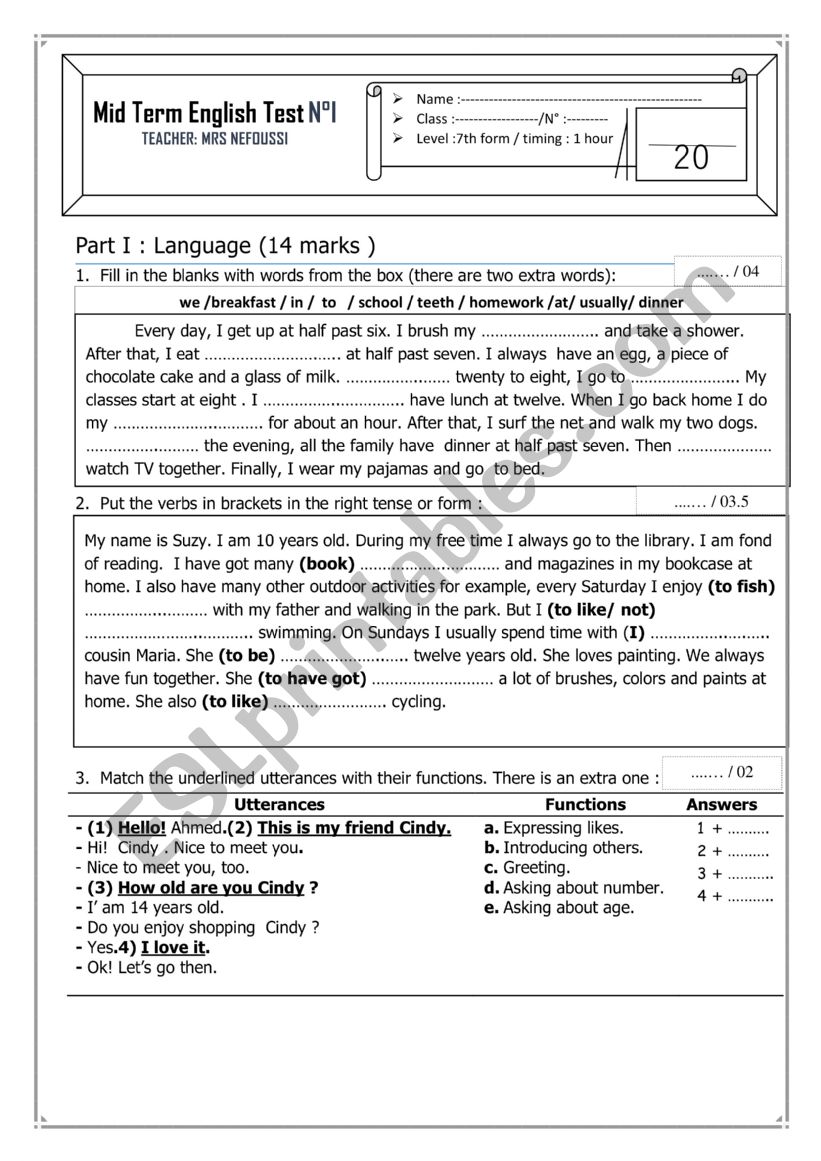 MID TERM ENGLISH 7TH FORM - ESL worksheet by nefoussi