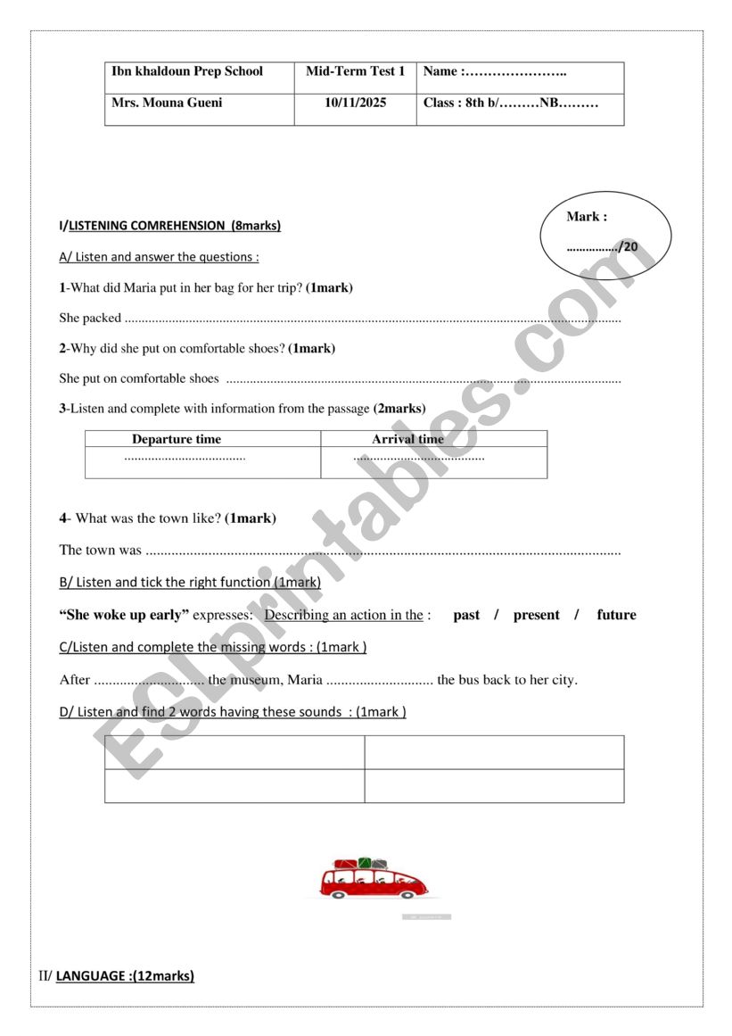 mid term test 8th form - ESL worksheet by mouna gueni