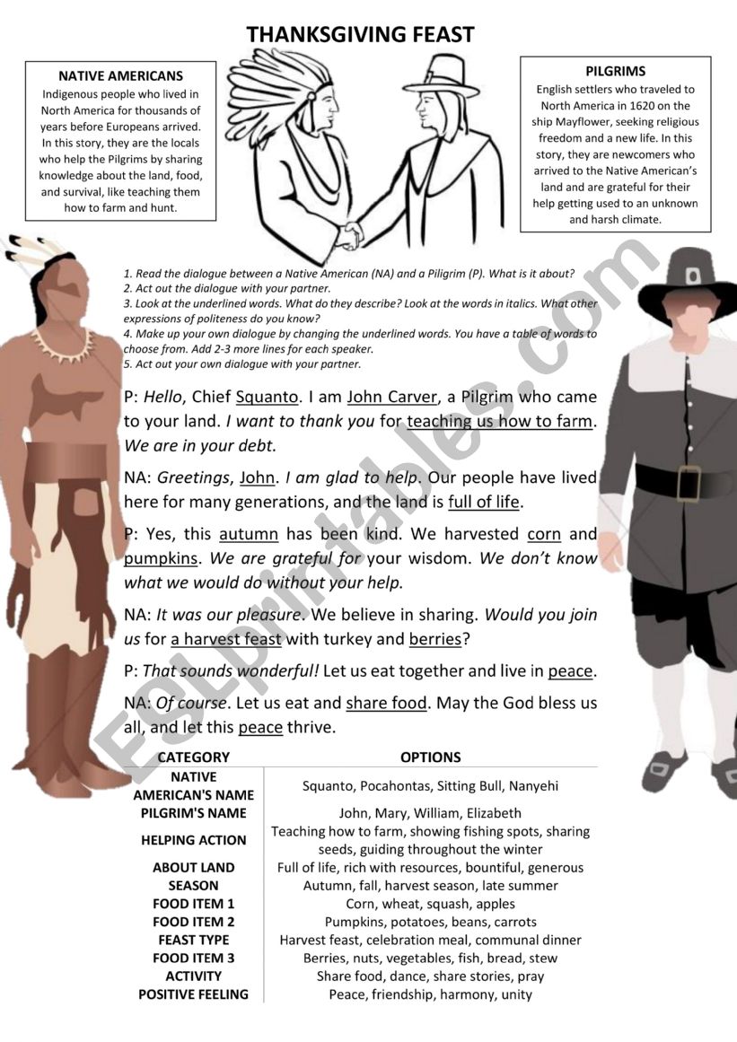 Thanksgiving Dialogue/Speaking ESL Worksheet - ESL worksheet by polyped