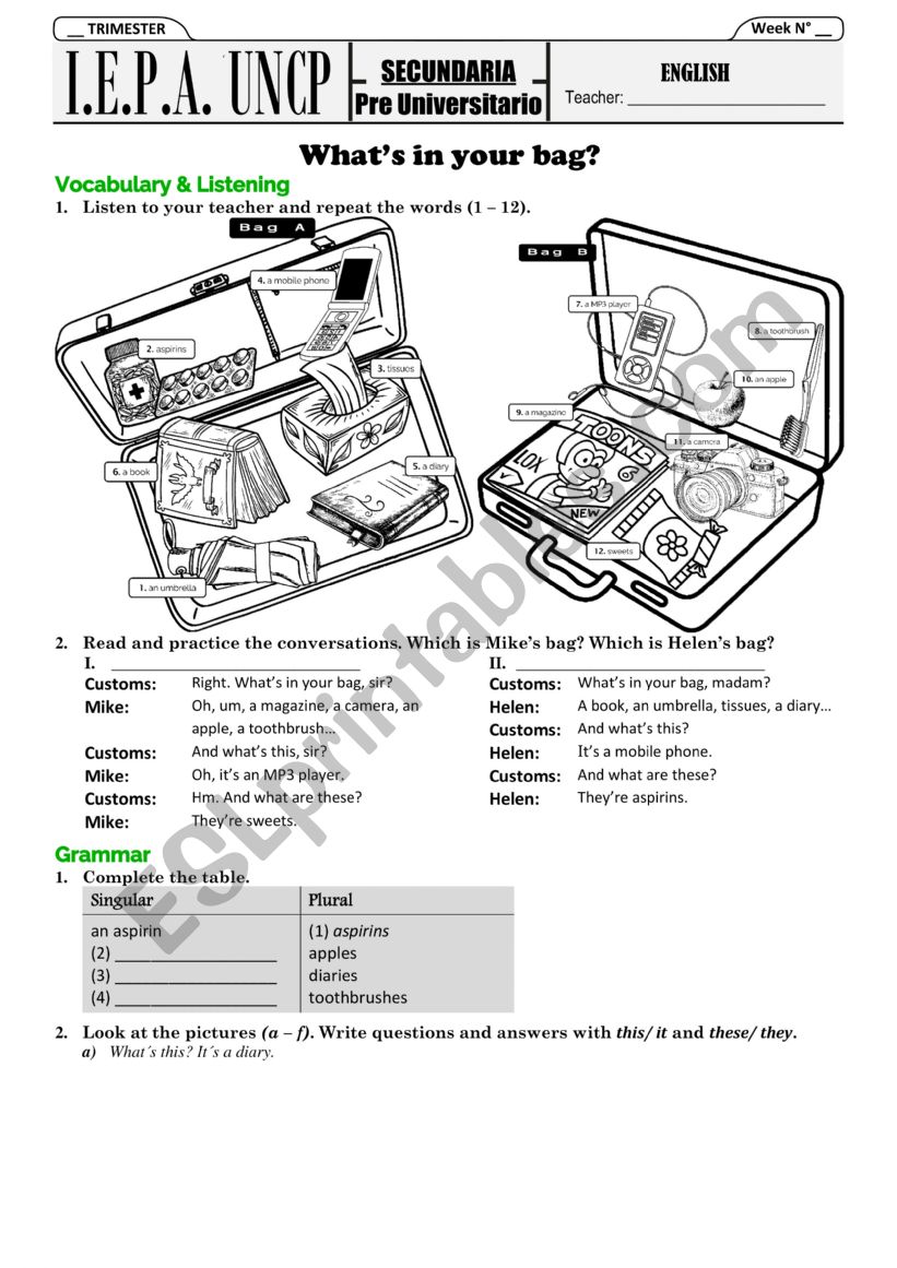 What is in your bag - ESL worksheet by Ggiddeomn