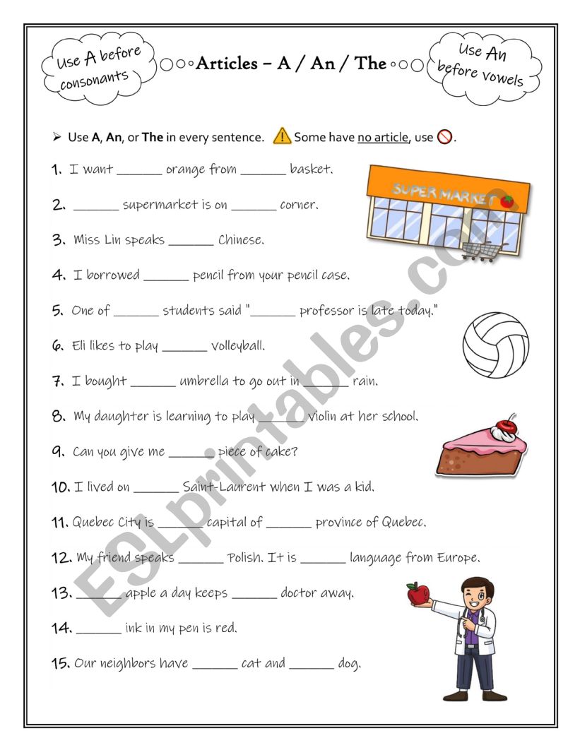 Articles (a, an, the) - ESL worksheet by Pandalyser