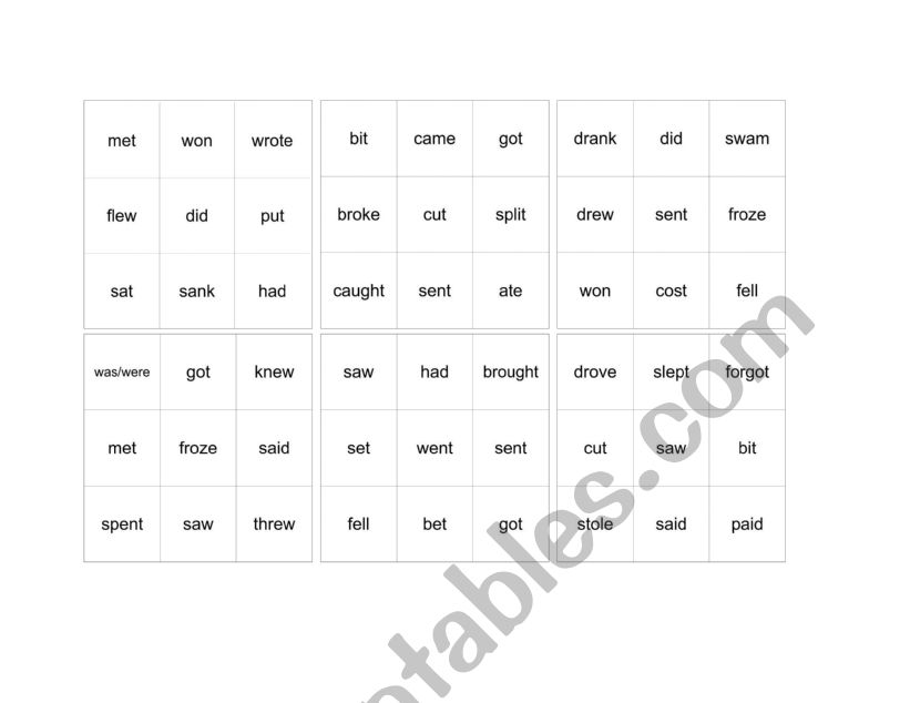 Irregular verbs simple past bingo - ESL worksheet by anenglishteacher2