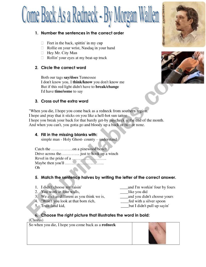 Come Back As a Redneck By Morgan Wallen - ESL worksheet by T-sa
