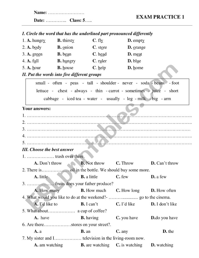 ENGLISH TEST for class 5 - ESL worksheet by tranhoa19