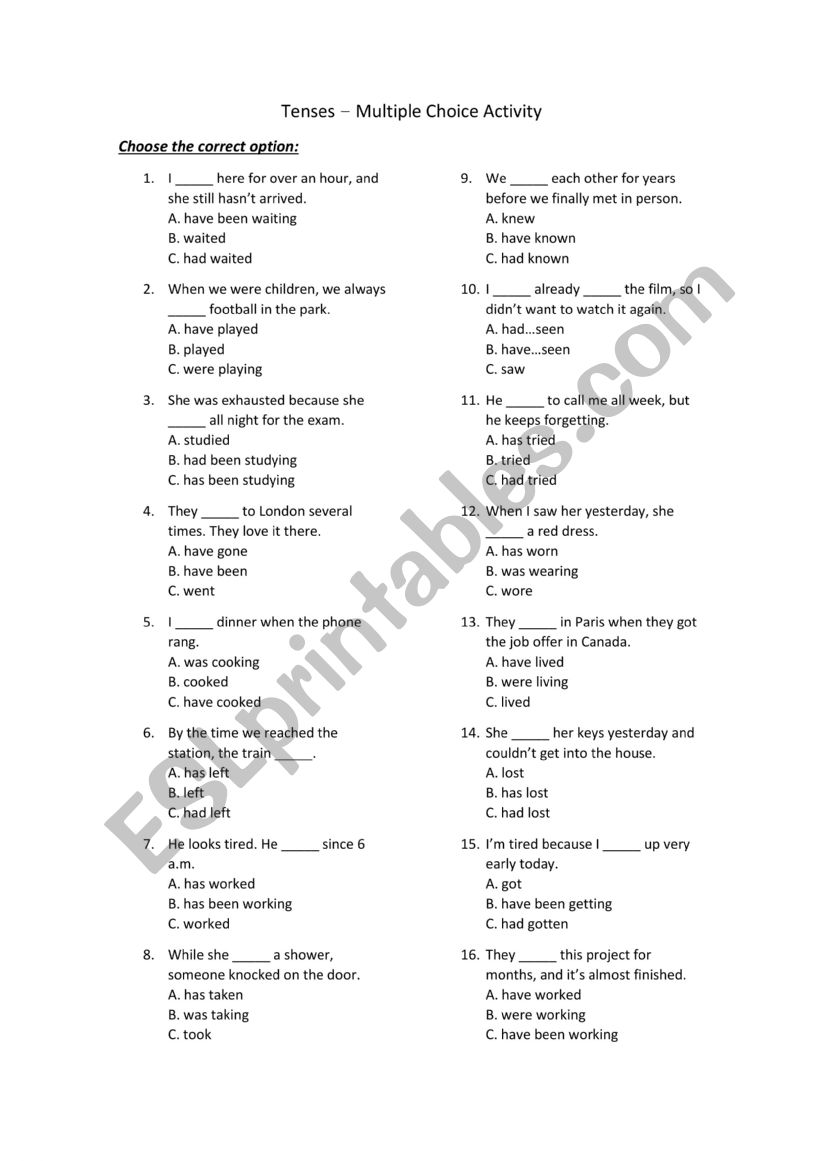 Past Simple, Past Continuous, Past Perfect Simple, Past Perfect ...