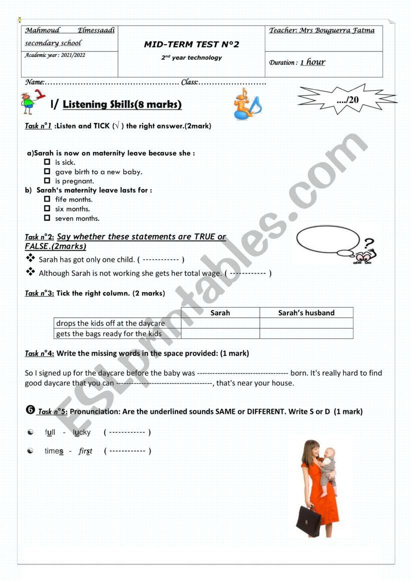 2 nd year tst - ESL worksheet by fatma mateb
