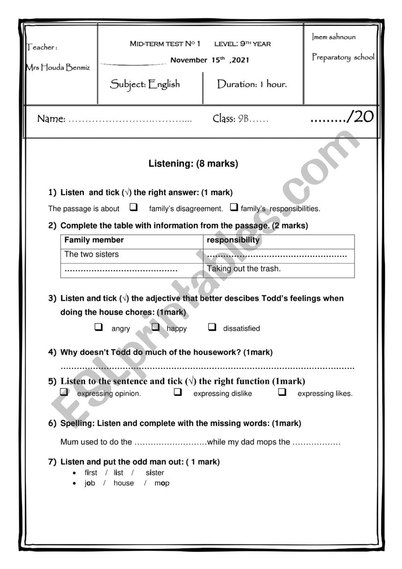 9th first term - ESL worksheet by houda.benmiz