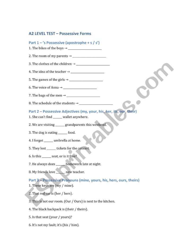 Possessives test A2 level - ESL worksheet by adelinne