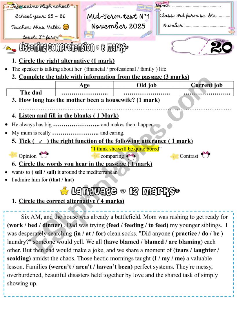 3rd form mid term test 1 - ESL worksheet by English-teacher 38