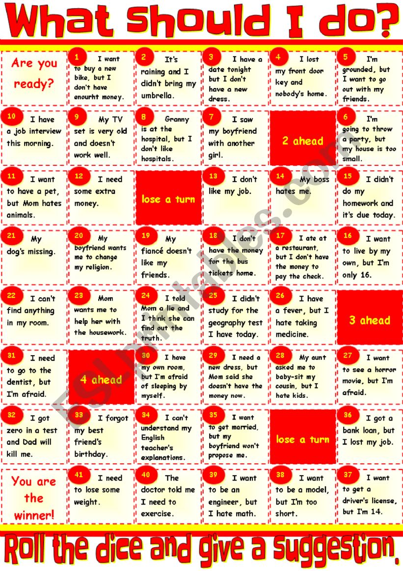 Giving advice board game - ESL worksheet by flanktrooper