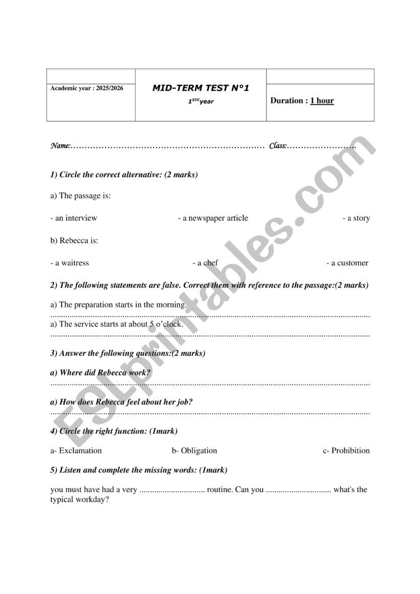MID TERM 1 FIRST SECONDARY - ESL worksheet by kawtheprintables