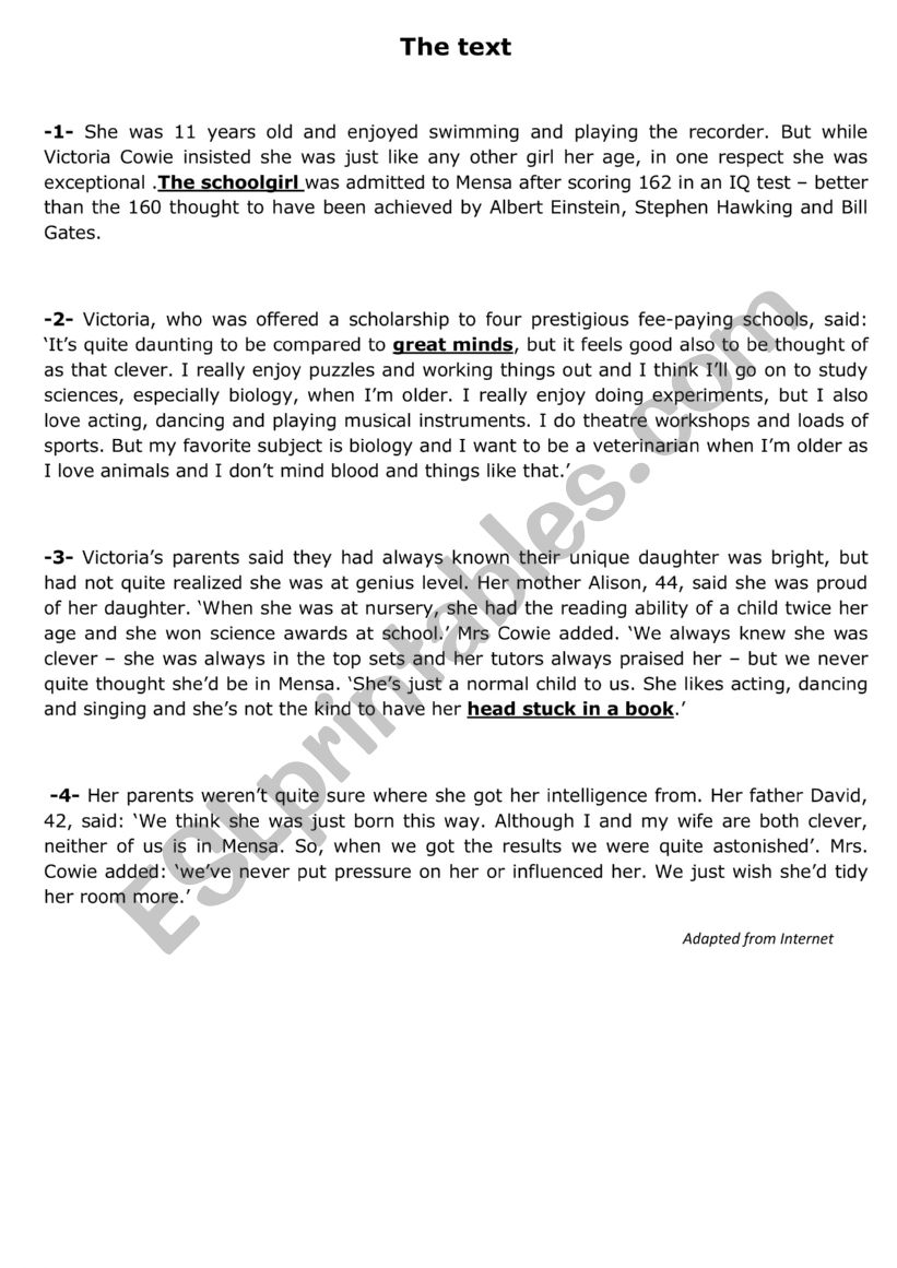 the story of a prodigy: Victoria cowie - ESL worksheet by yasmina msadak