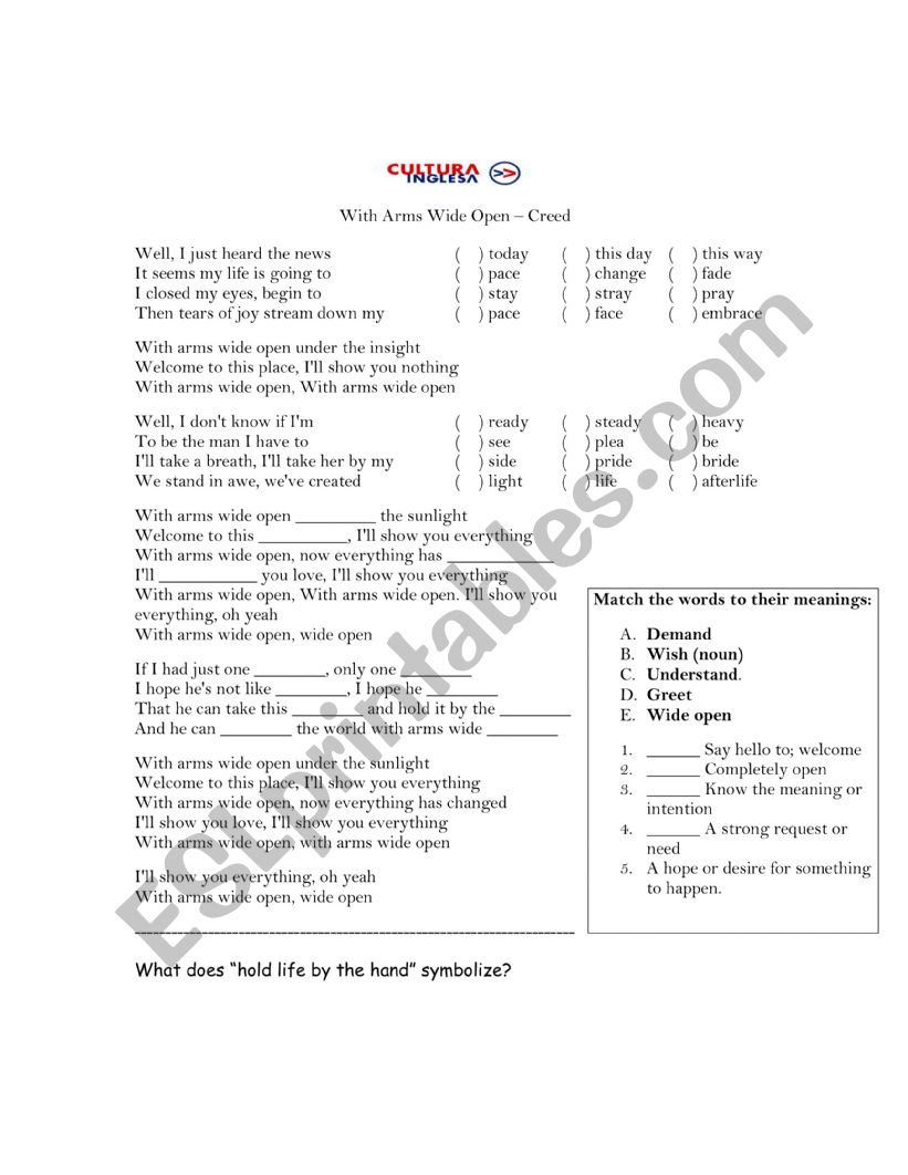 Song - With Arms Wide Open Crred - ESL worksheet by sachamedcraft