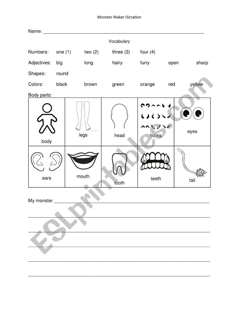 Monster Maker Dictation - ESL worksheet by bcarolyn@interlink.net.ve