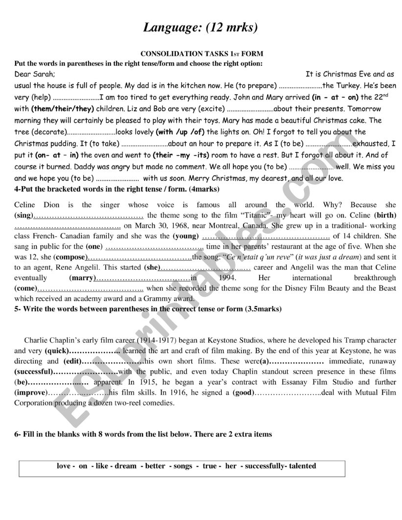 1st form consolidation tasks - ESL worksheet by optimisme