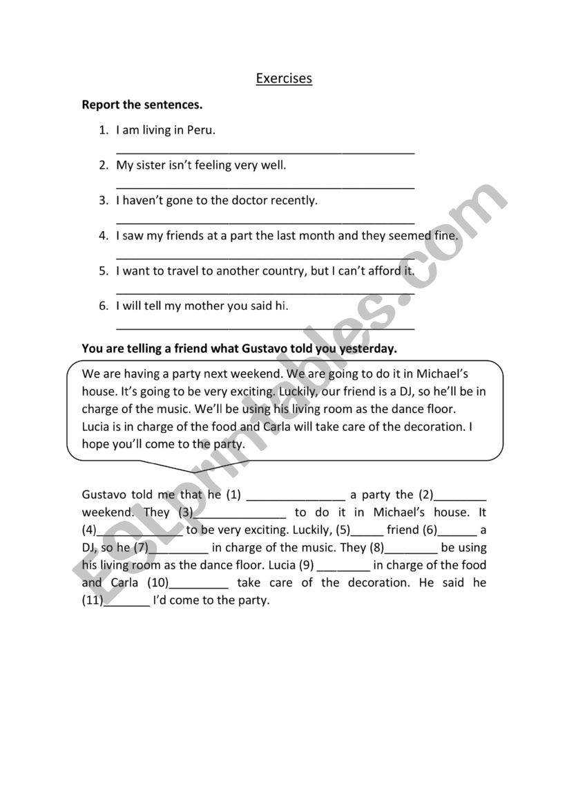 Reported speech - ESL worksheet by Danielvaldivia