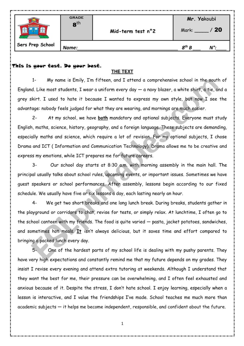 8 th form full term test n1 part 1 reading comprehension - ESL ...