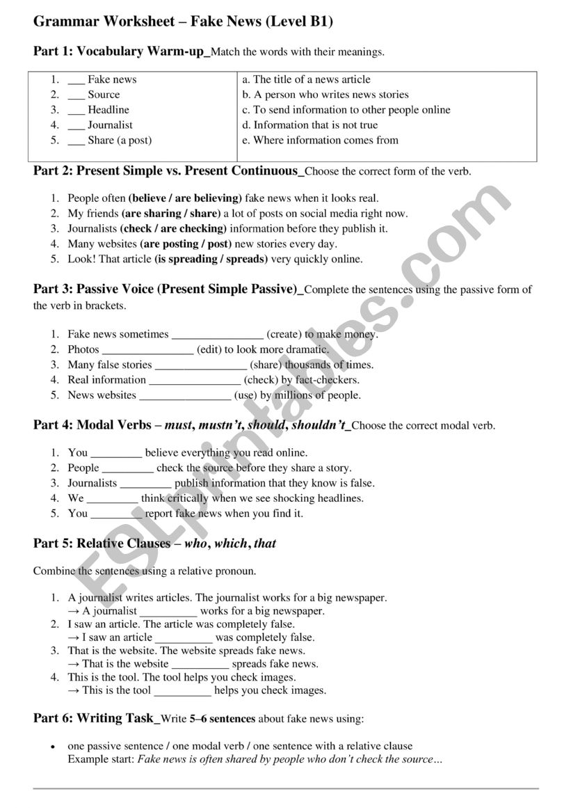 Grammar Worksheet about Fake News (Level B1) - ESL worksheet by ...